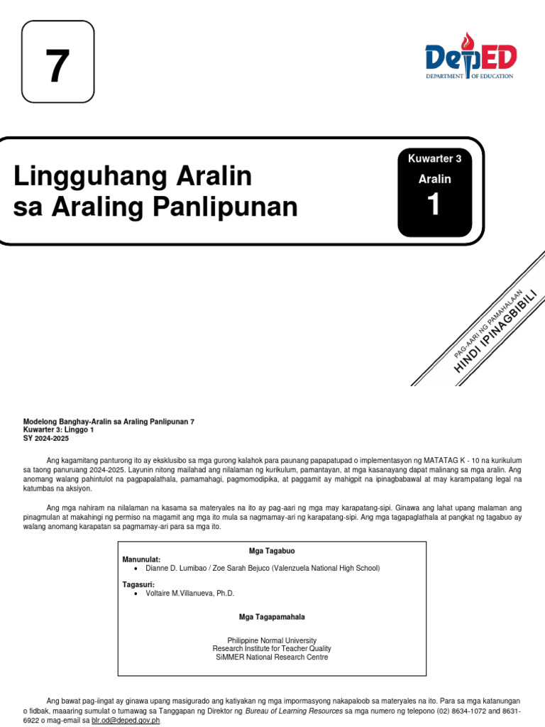 LE - Q3 - AP 7 - Aralin 1 - Linggo 1 | PDF