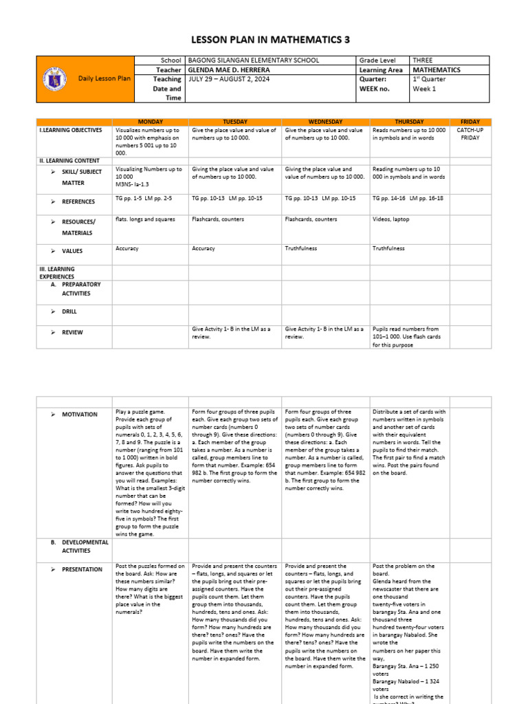 Math 3 Q1 W1 July 29-Aug 2, 2024 | PDF | Lesson Plan | Education Theory