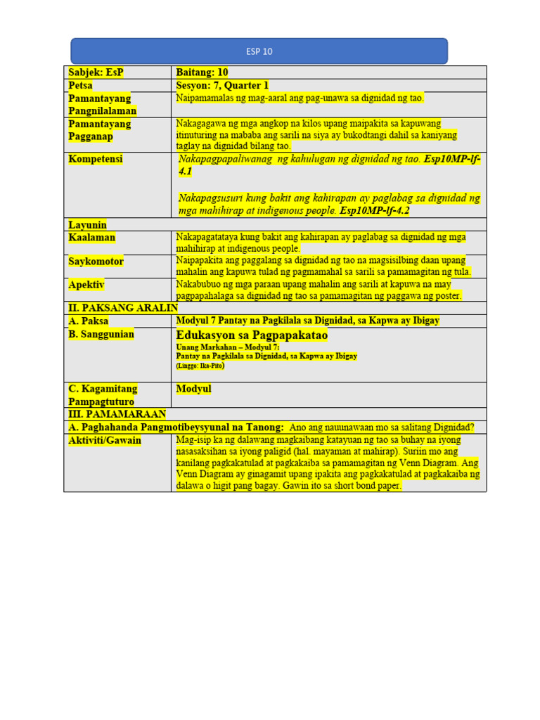 EsP10 - Q1 - Lesson Plan7 - Q1 | PDF
