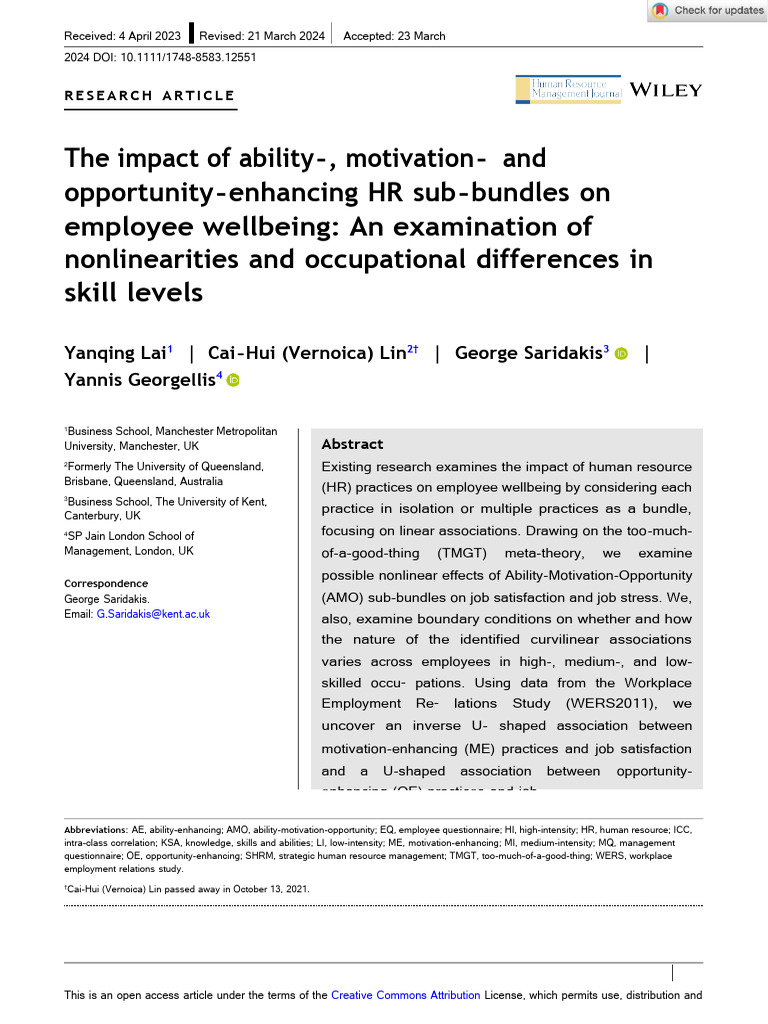 Human Res MGMT Journal - 2024 - Lai - The Impact of Ability Motivation ...