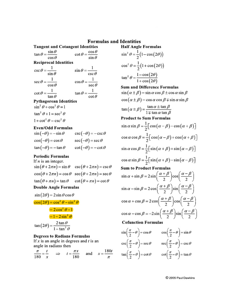 Formula Sheet Trig Identities | PDF | Trigonometric Functions ...