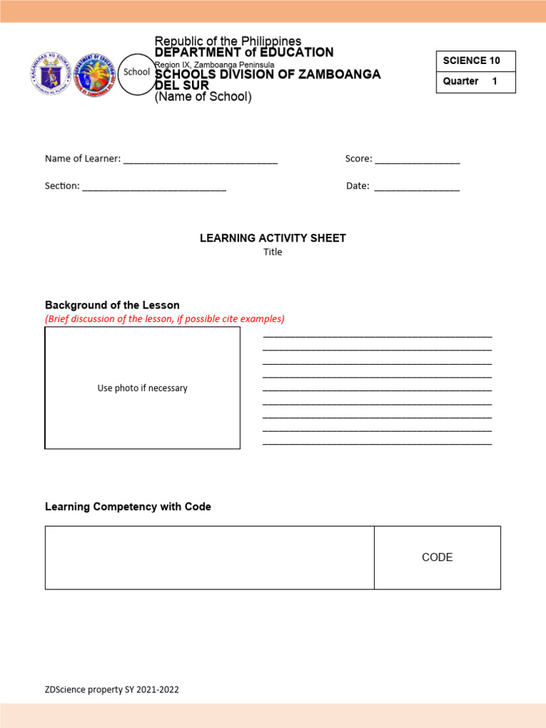 Sample Template for Learning Activity Sheet (LAS) Science -2 | PDF ...