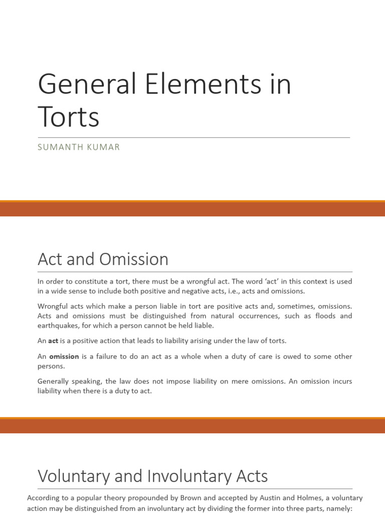 Unit I Part 3 - General Elements in Torts | PDF | Tort | Recklessness (Law)
