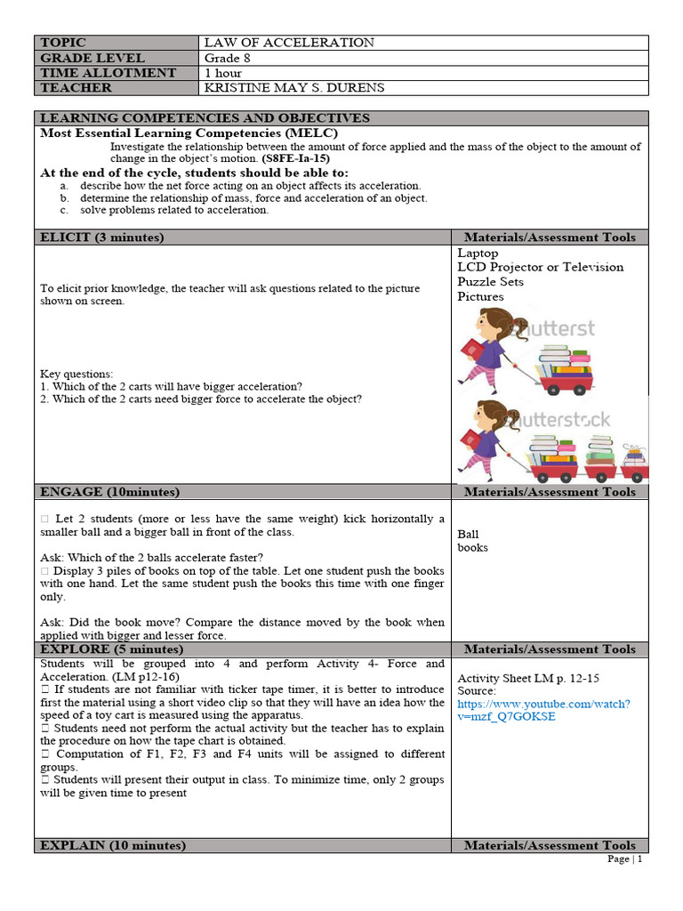 7E Lesson Plan_RPMS-Q1-science | PDF | Force | Mass