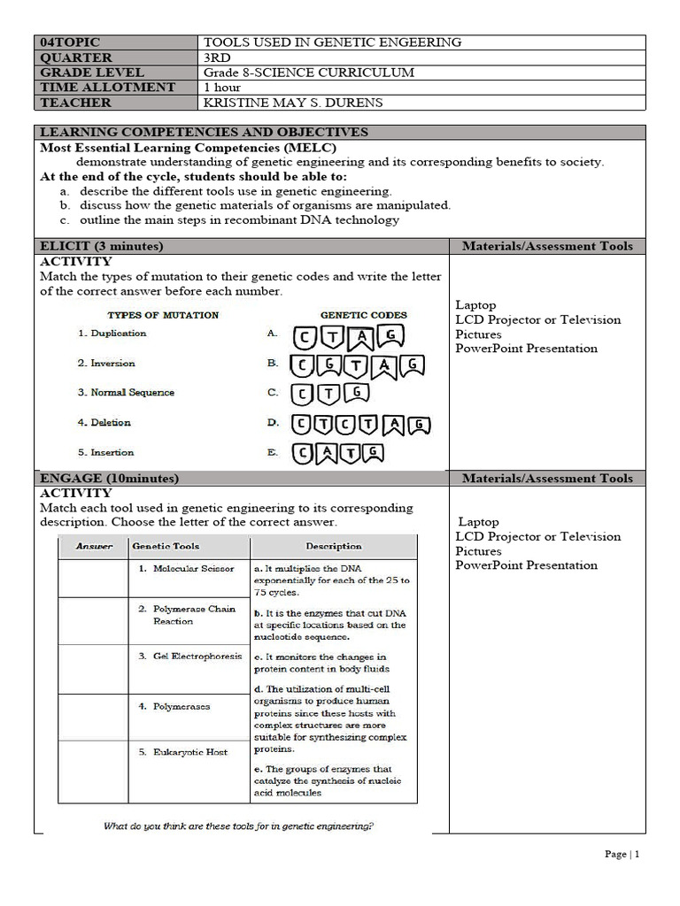 7E Lesson Plan - RPMS-Q3 - Biotech | PDF | Gene Therapy | Genetic Engineering