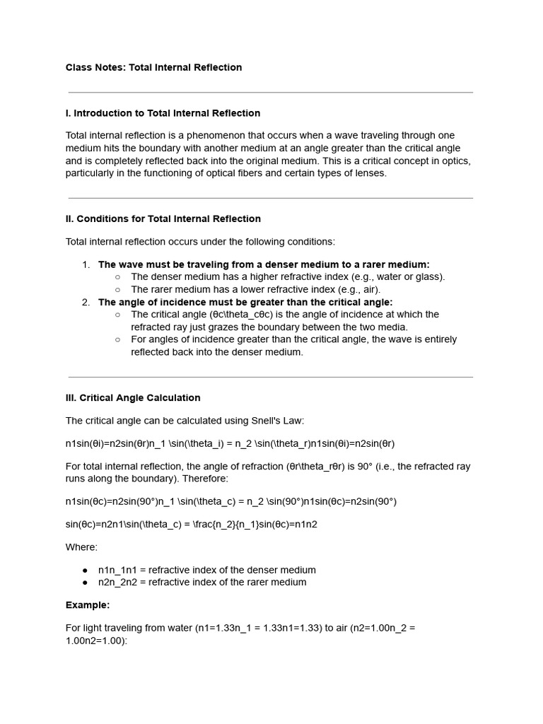 Class Notes - Total Internal Reflection | PDF | Reflection (Physics ...