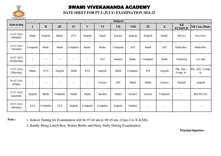 July 2024 PT-I Exam Date Sheet | PDF