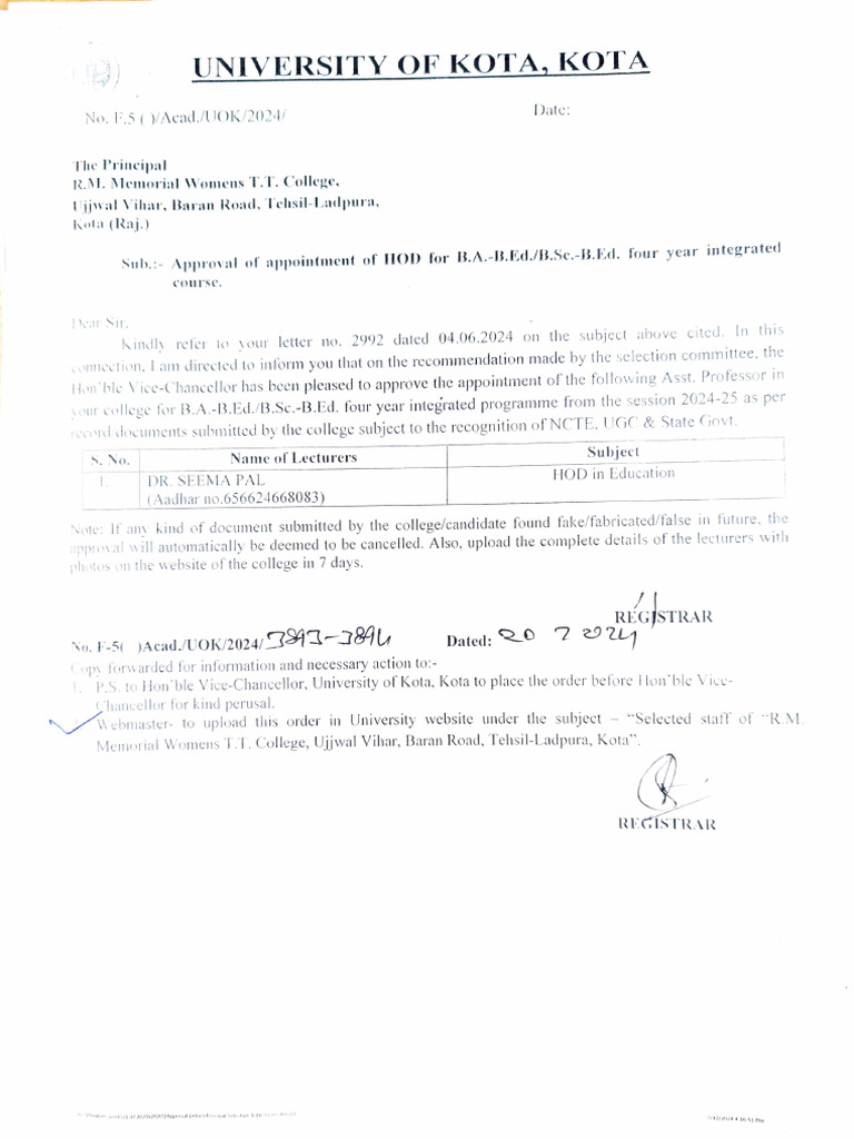 Appointment of HOD for B.A.-B.Ed. Program | PDF