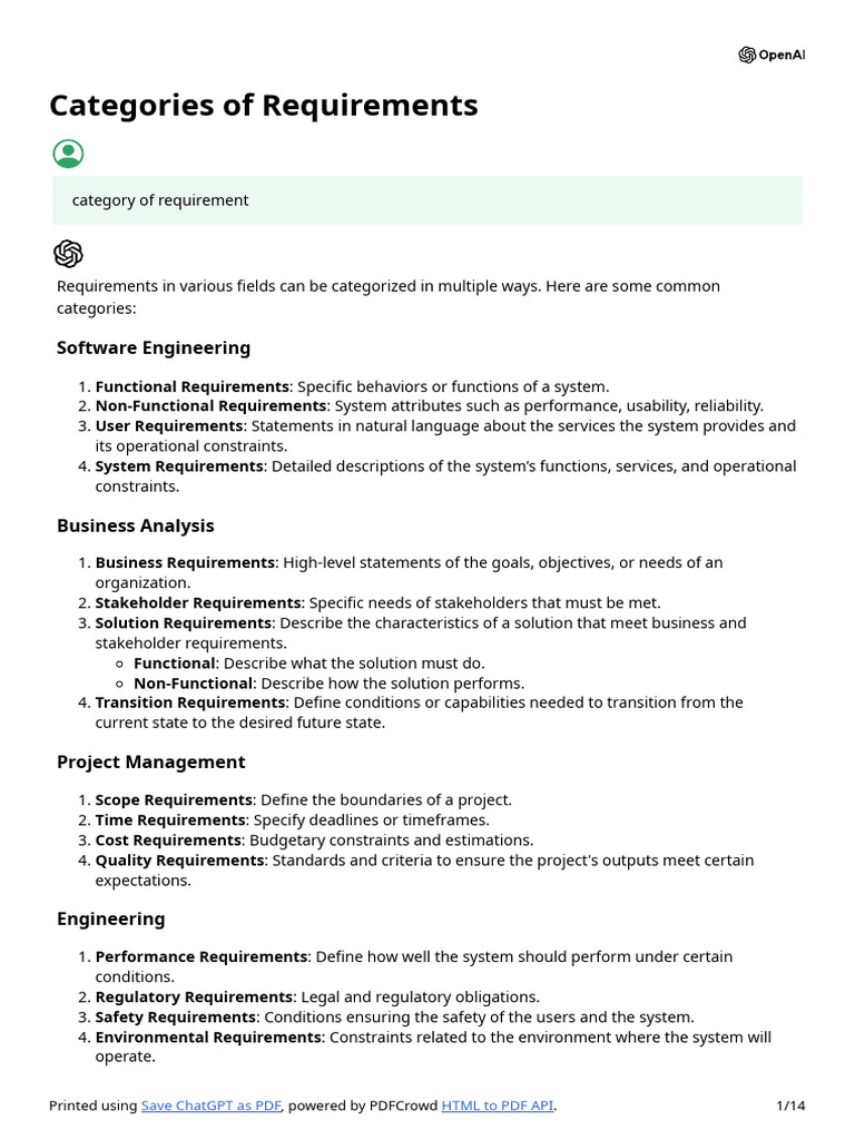 Categories of Requirements | PDF | Feasibility Study | Software Testing