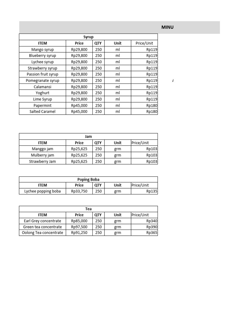 Comprehensive Beverage and Food Pricing List | PDF | Foods