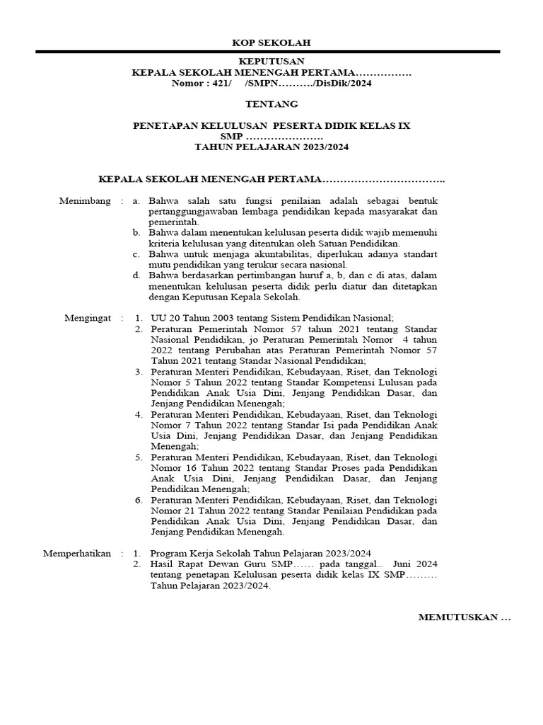 Contoh SK Penetapan Kelulusan Peserta Didik 2023-2024 | PDF Contoh SK Penetapan Kelulusan Peserta Didik 2023-2024 | PDF