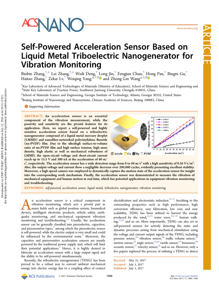 Self Powered Acceleration Sensor Based On Liquid Metal Triboelectric Nanogenerator For Vibration