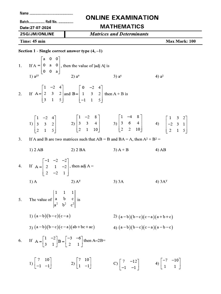 LT-25 JEE MAIN Matrices and Determinants-27!07!24 | PDF | Teaching Methods & Materials