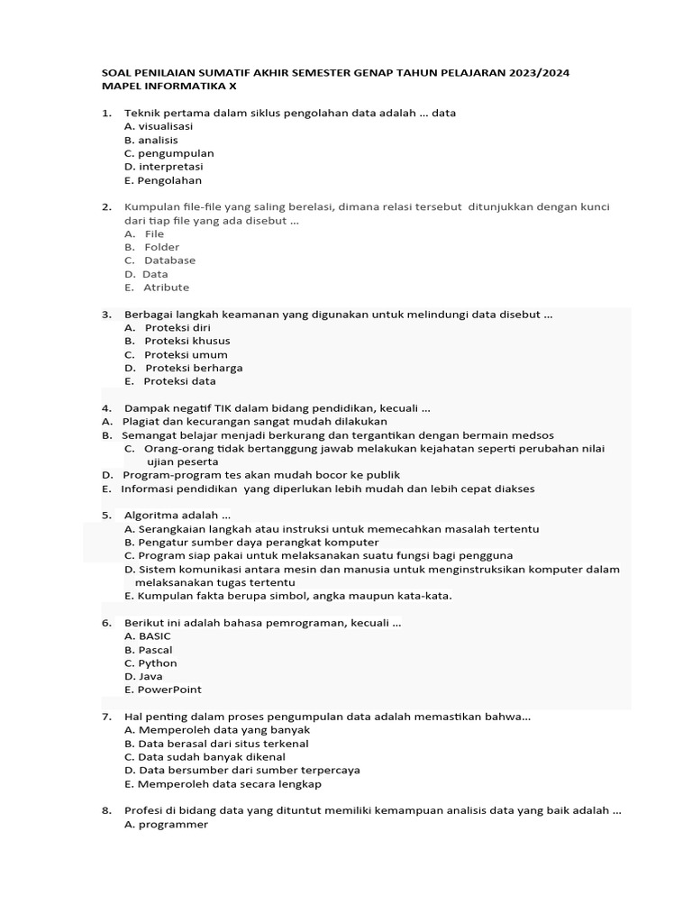 Soal Latihan Pas Genap Informatika X 2024 | PDF