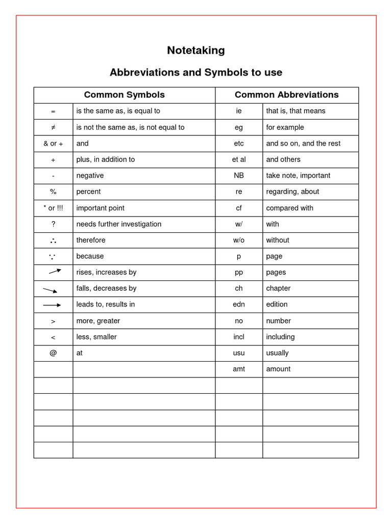 Notetaking Abbreviations and Symbols - To Use | PDF