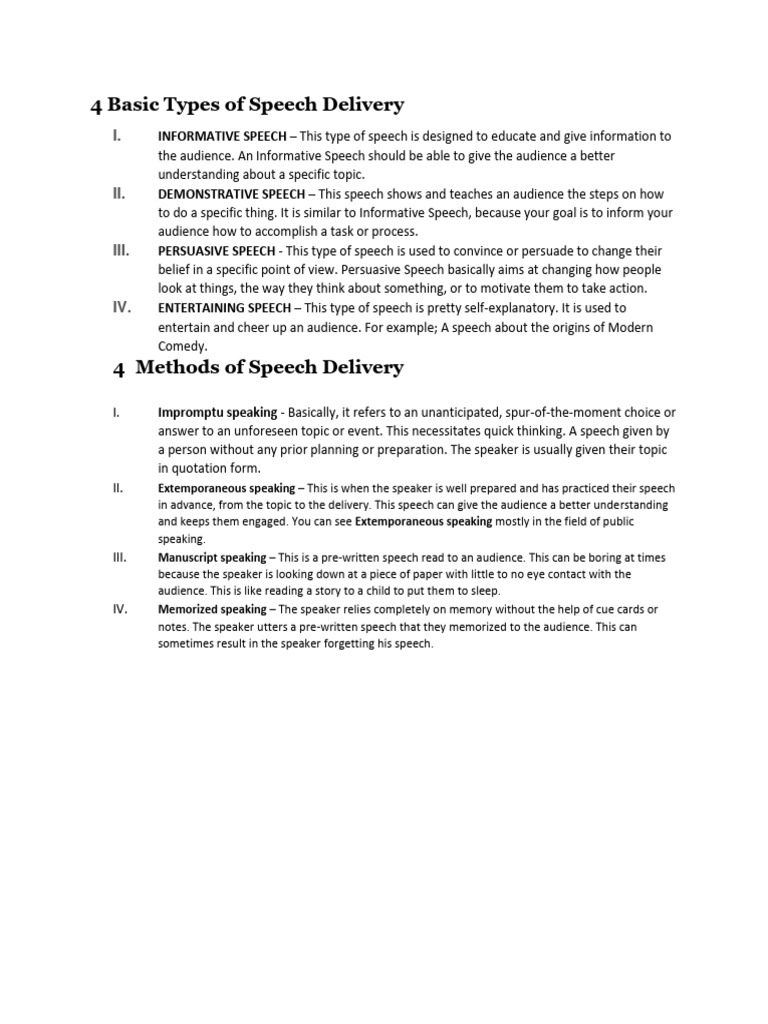 4 Basic Types of Speech & 4 Methods of Speech Delivery | PDF | Career ...