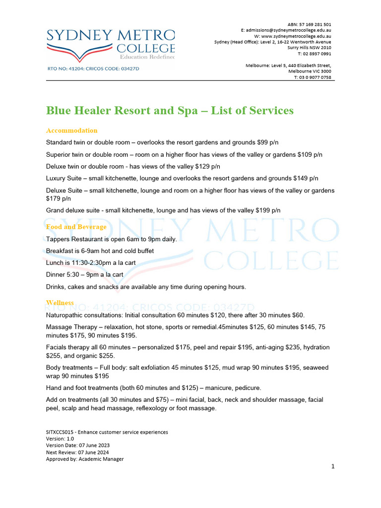 Blue Healer Resort Services Overview | PDF | Spa