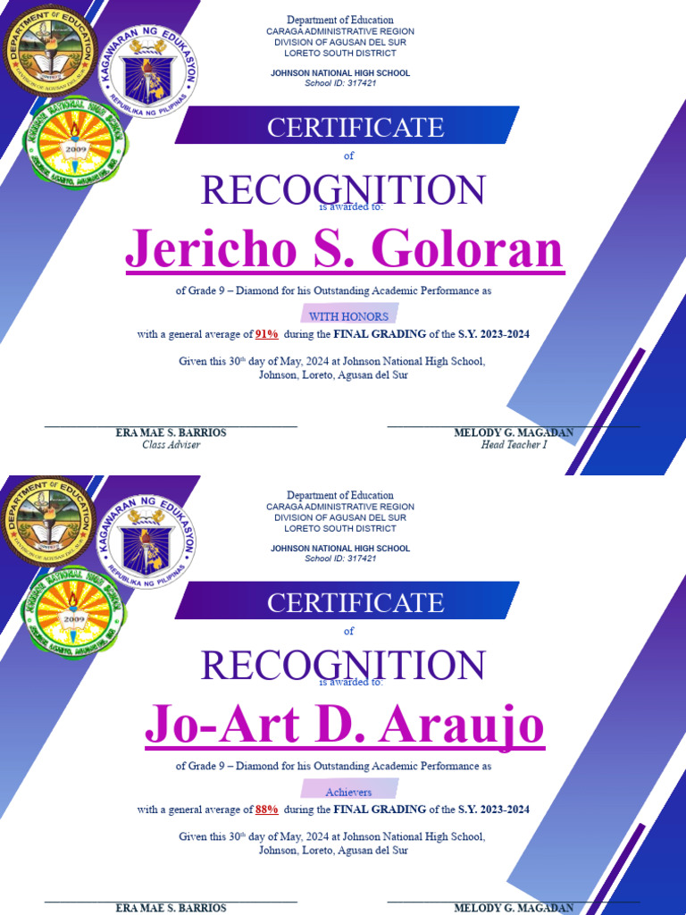Grade 9 Academic Recognition Certificates | PDF