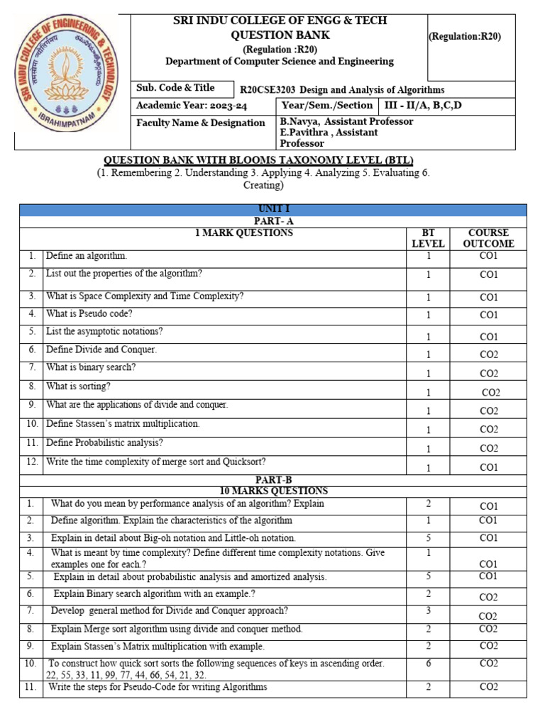 Updated R20cse3203 - Daa Question Bank | PDF | Computational Problems ...