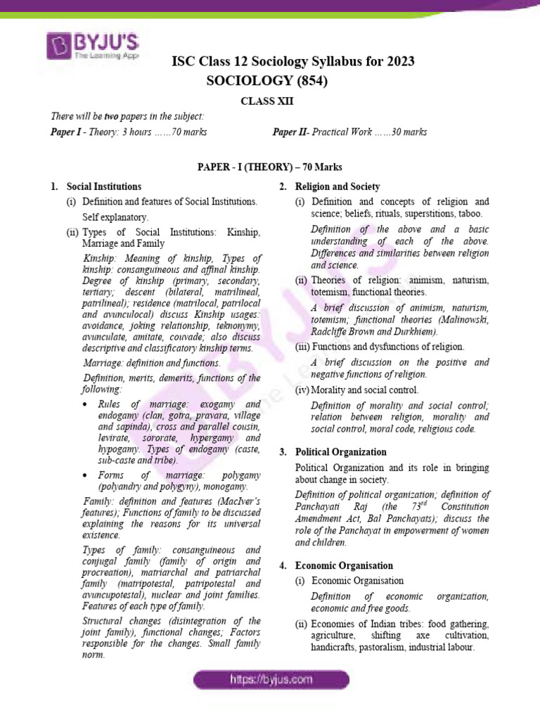 ISC Class 12 Sociology Syllabus | PDF | Kinship | Caste