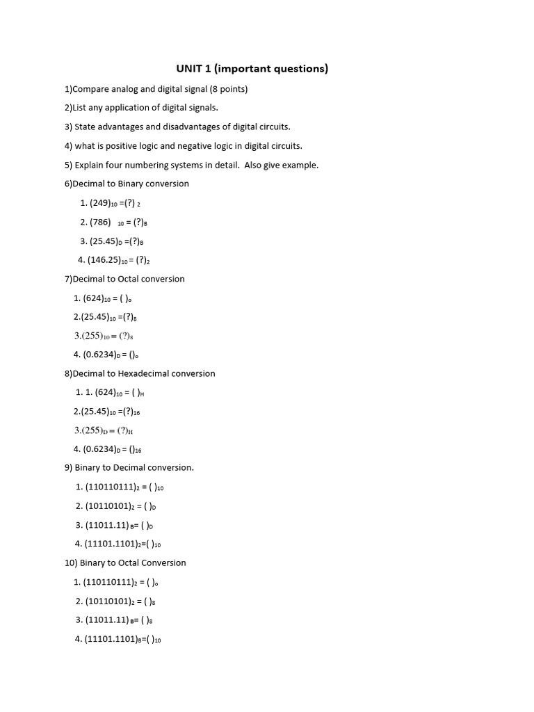 UNIT 1 (Question Bank) | PDF | Binary Coded Decimal | Mathematical Notation
