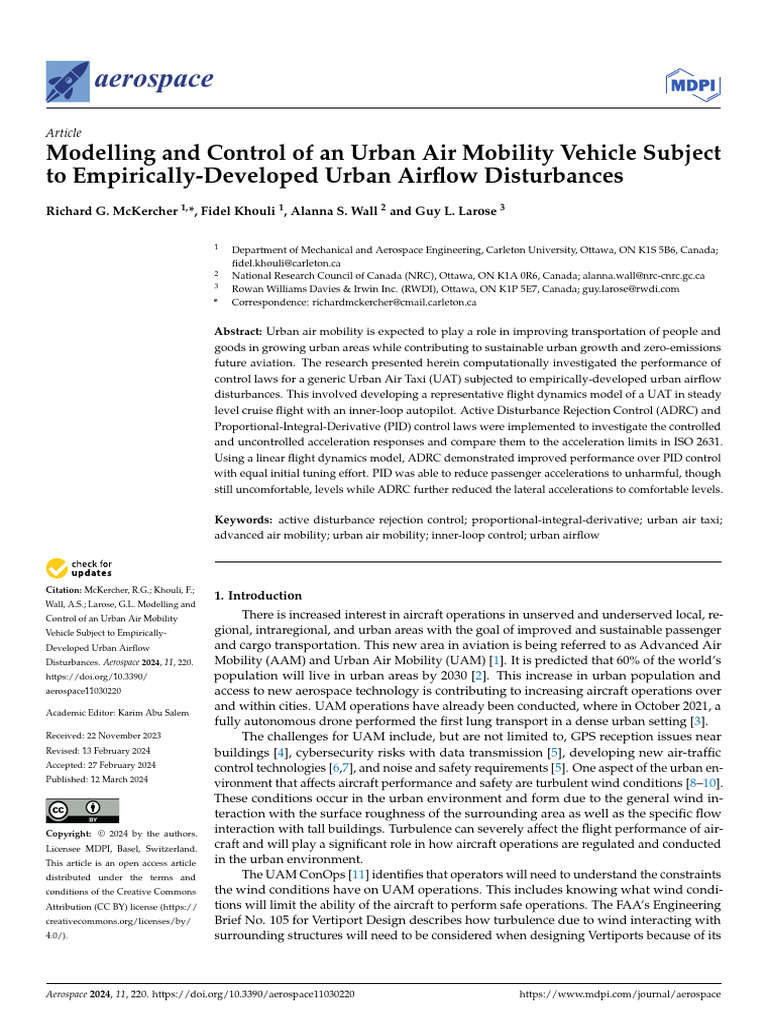 Modelling and Control of An Urban Air Mobility Vehicle Subject To ...