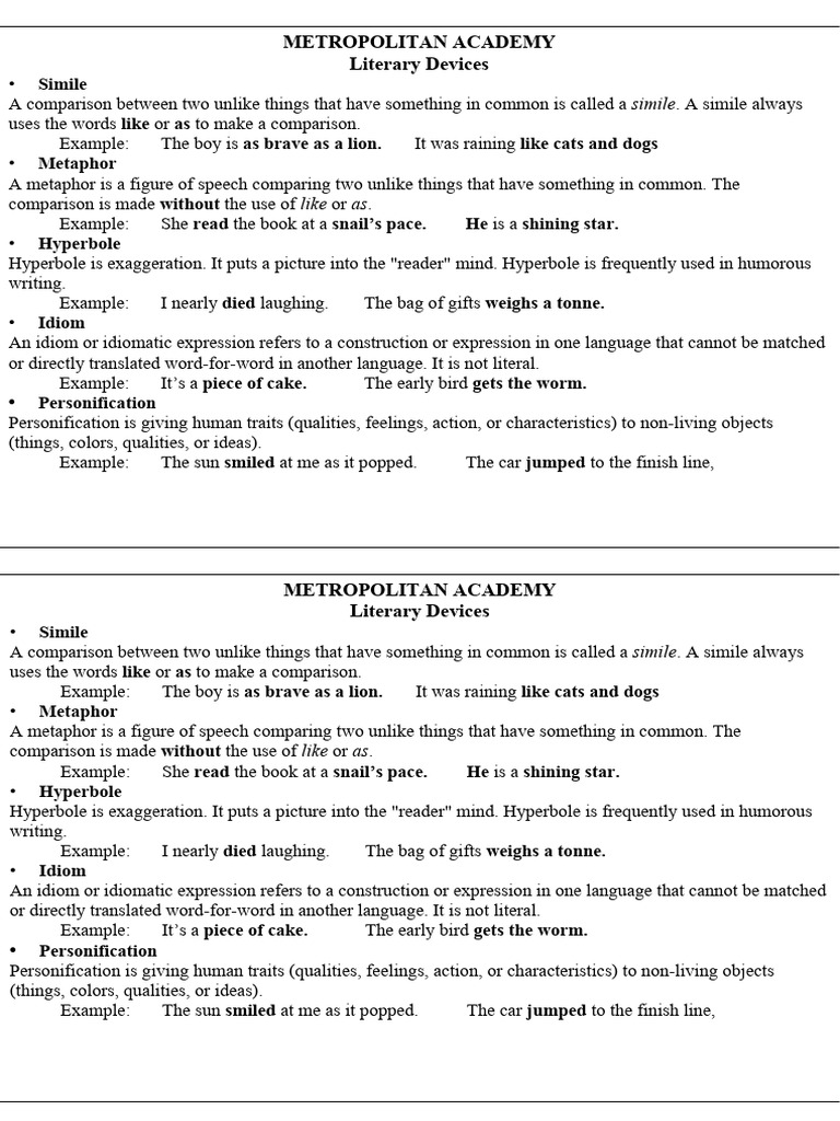 Literary devices sheet | PDF | Idiom | Metaphor