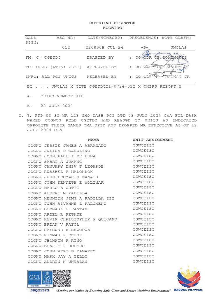 Approved 0724 012 Chips Report NR 010 DTD 22 July 2024 | PDF | Travel