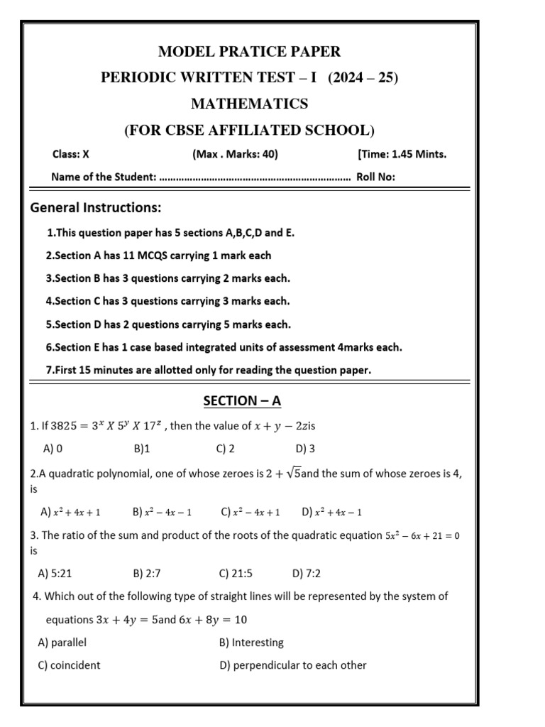 10 MATHS PWT-1 Pratice Paper | PDF | Polynomial | Zero Of A Function