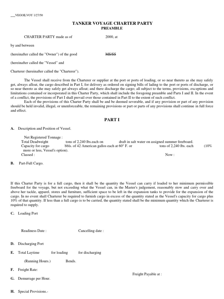Tanker Voyage Charter Party - Preamble Vegoilvoy CP | PDF | Bill Of ...