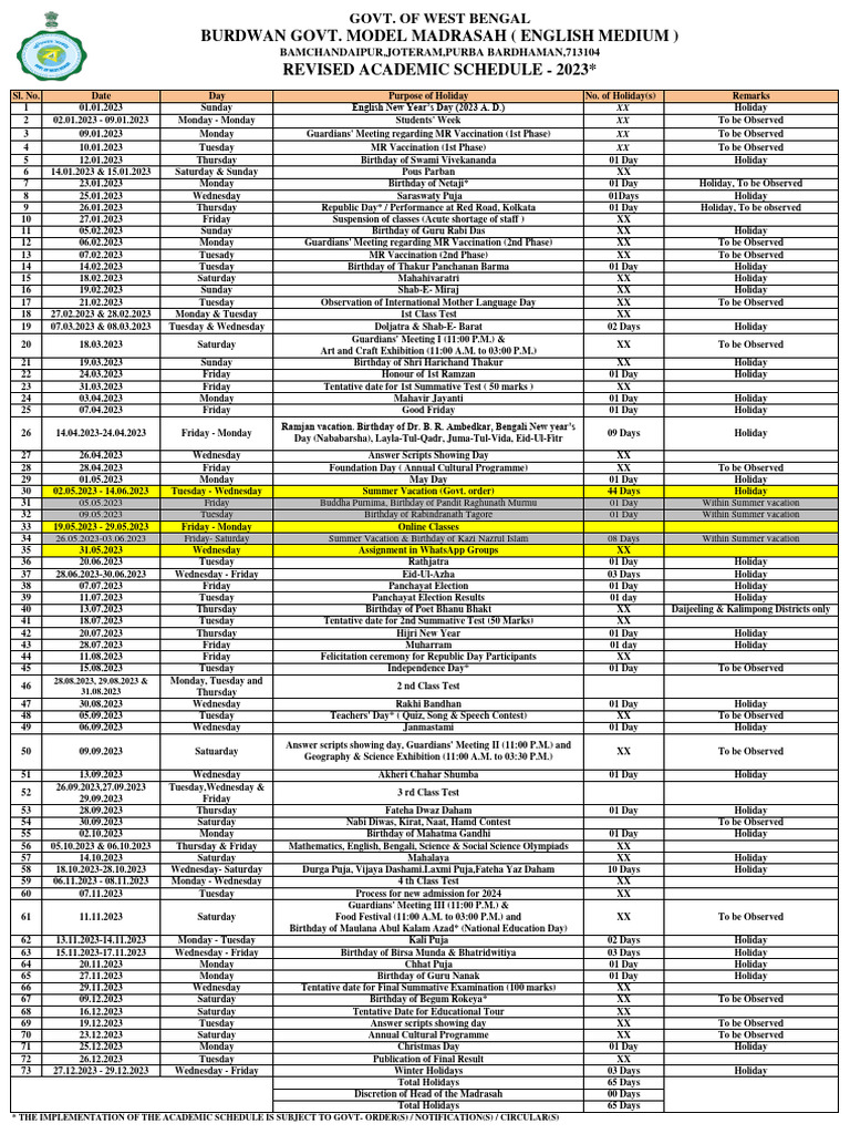 Burdwan Madrasah Academic Calendar 2023 | PDF