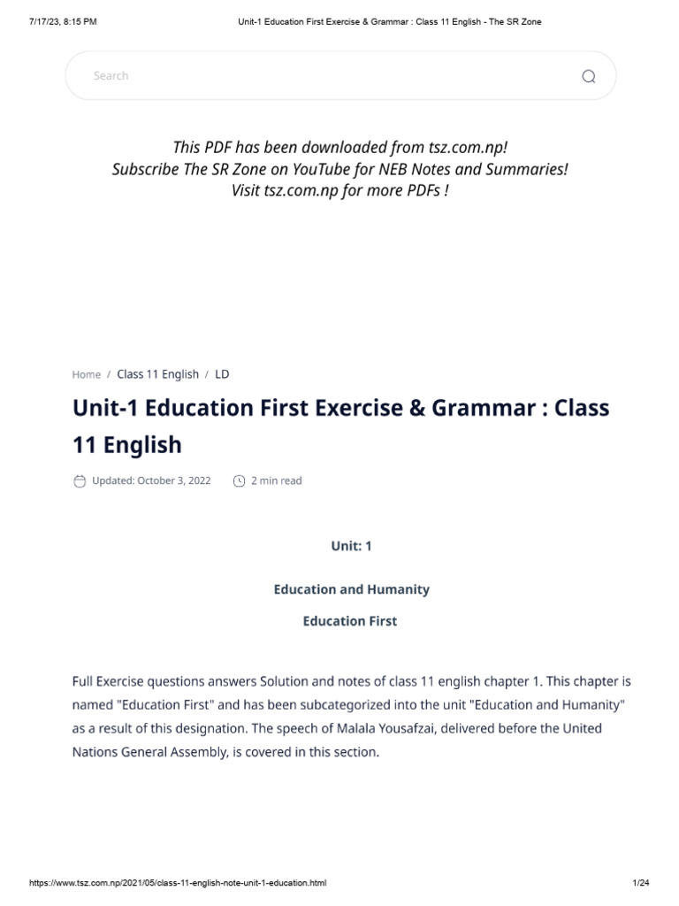 Unit-1 Education First Exercise & Grammar - Class 11 English - The SR ...