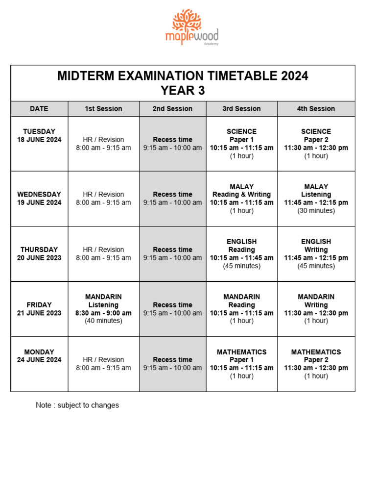 Year 3 Midterm Exam Timetable 2024 | PDF