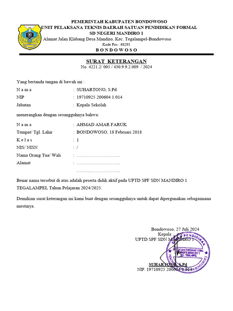 Surat Keterangan Siswa SD Mandiro 1 | PDF