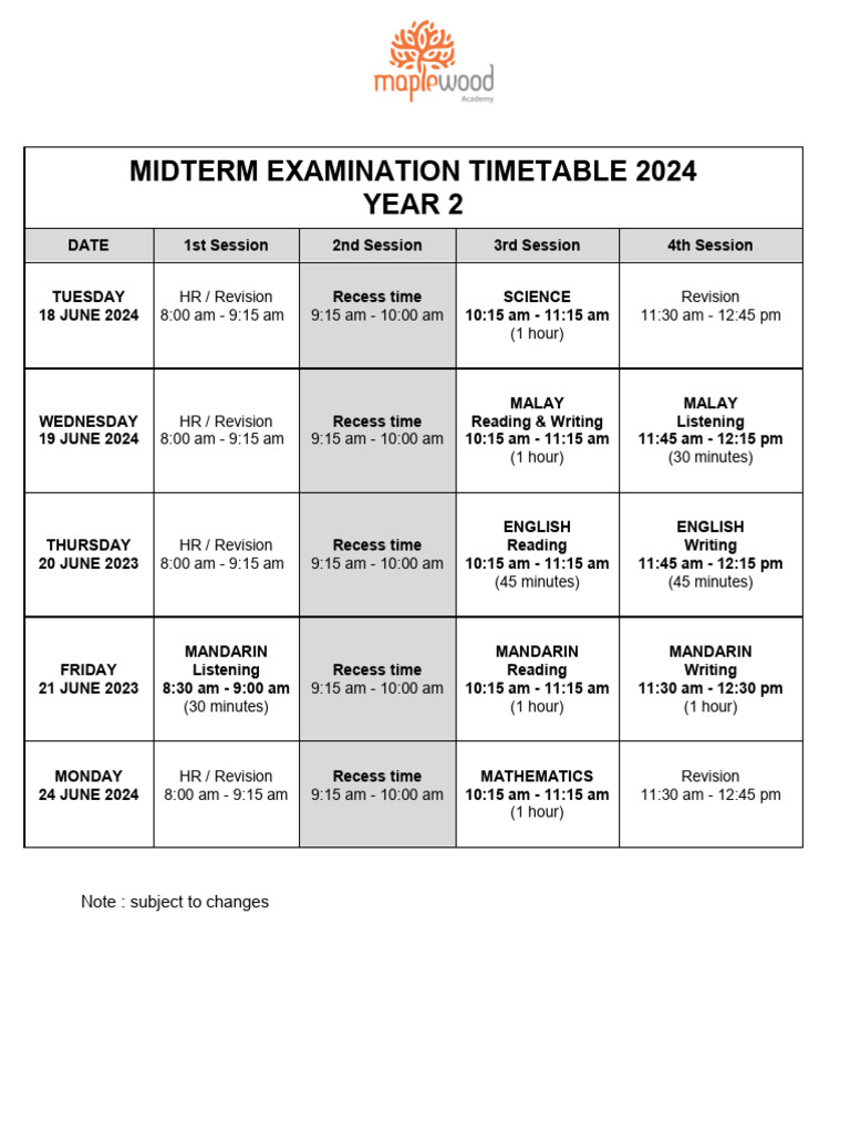 Year 2 Midterm Examination Timetable 2024 | PDF