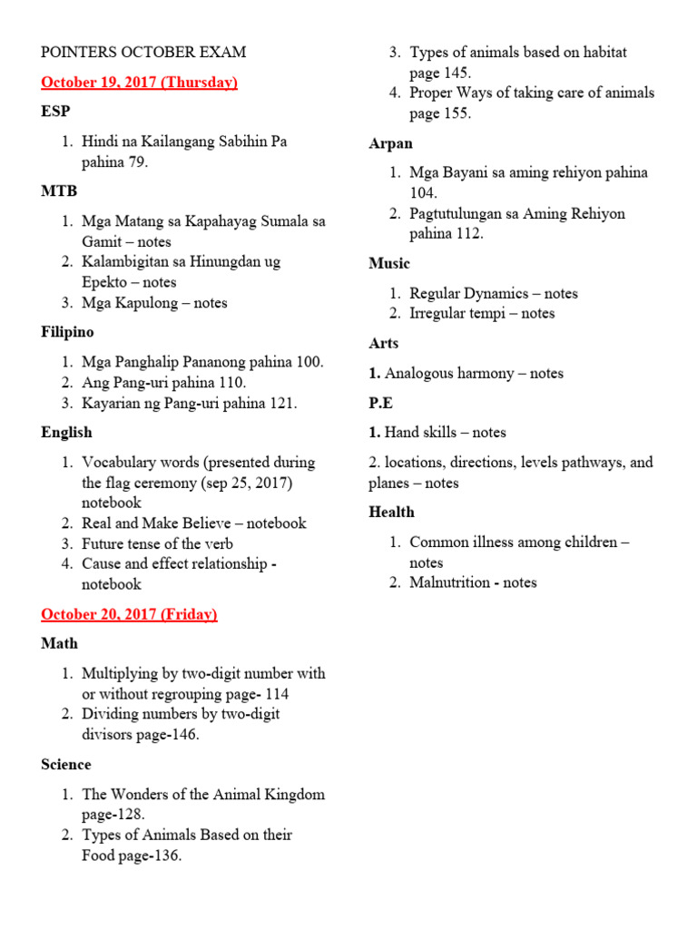 Pointers October Exam | PDF | Language Arts & Discipline | Home & Garden