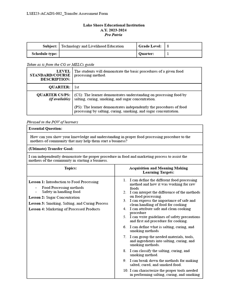 Q1TLE8 - Transfer Assessment Form | PDF | Curing (Food Preservation ...