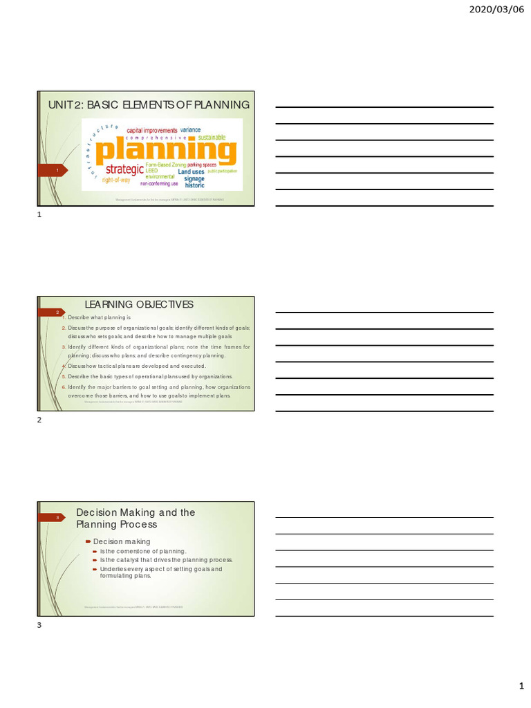 Unit 2 - Basic Elements of Planning | PDF | Goal | Planning