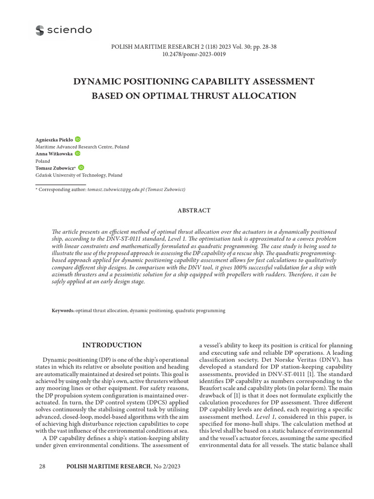 Dynamic Positioning Capability Assessment Based On Optimal Thrust Allocation 81274 Pdf