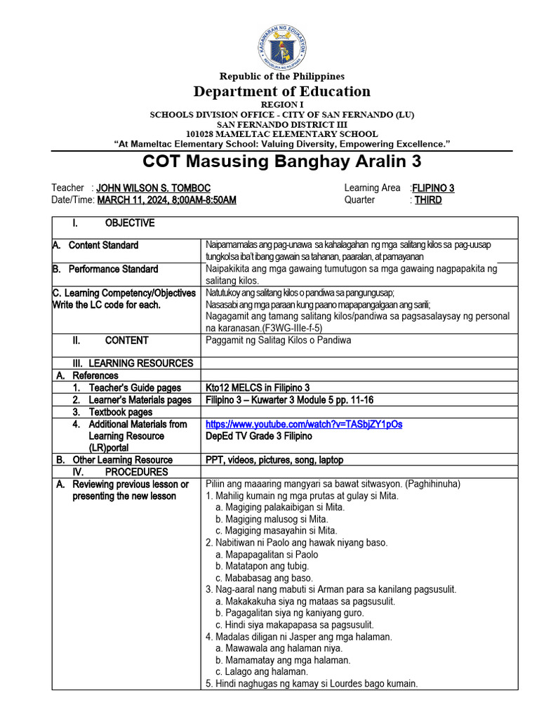 Cot3 Filipino Third Quarter | PDF