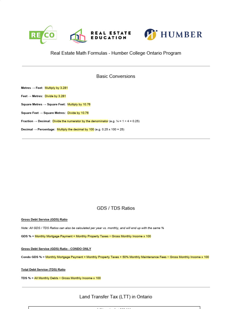 Real Estate Math Formulas - Humber College Ontario Program | PDF ...