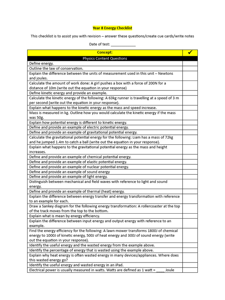 Year 8 Energy Checklist | PDF | Potential Energy | Kinetic Energy