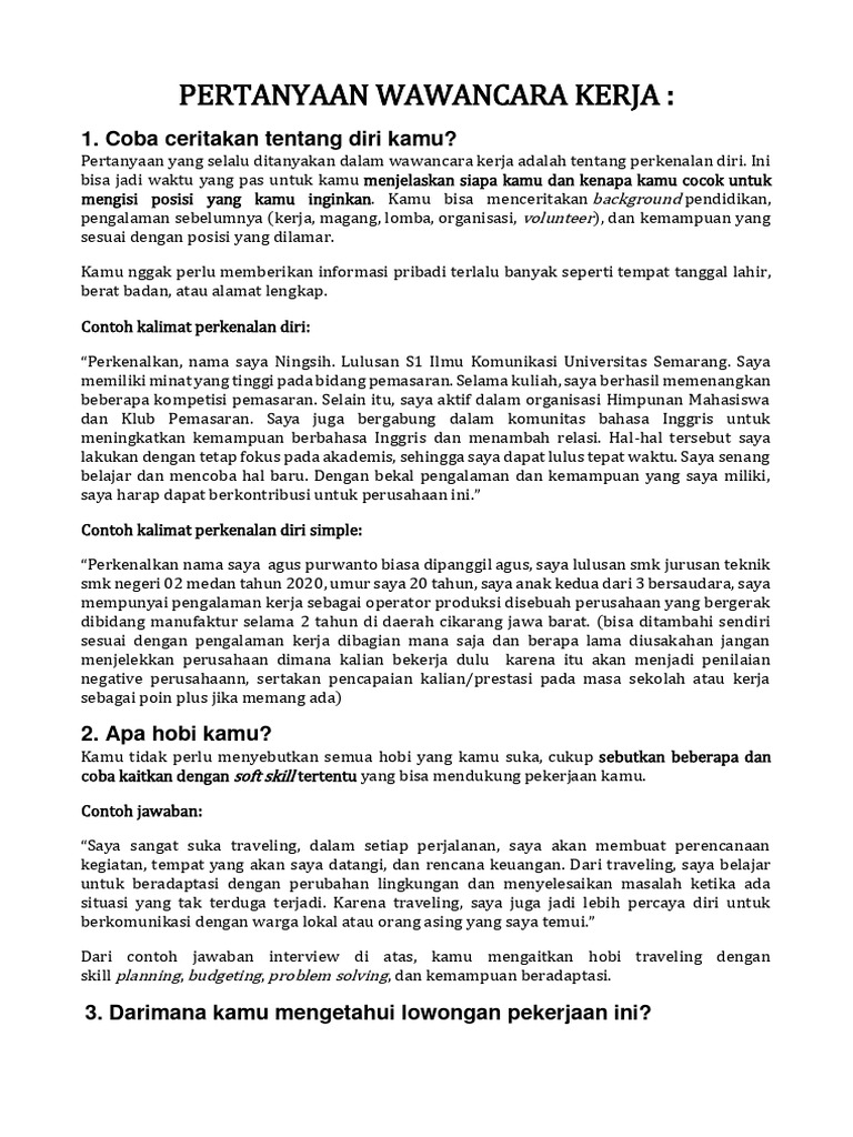 Pertanyaan Wawancara Kerja Perusahaan | PDF | Karier & Perkembangan | Bisnis