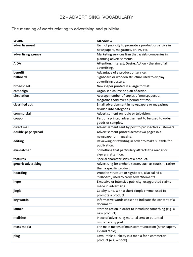 B2 Advertising Vocabulary Explained | PDF | Advertising | Newspapers