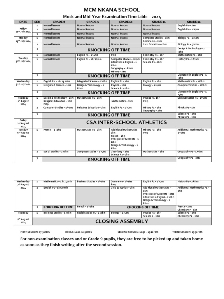 Mock and Mid-Year Examination Timetable | PDF | Science
