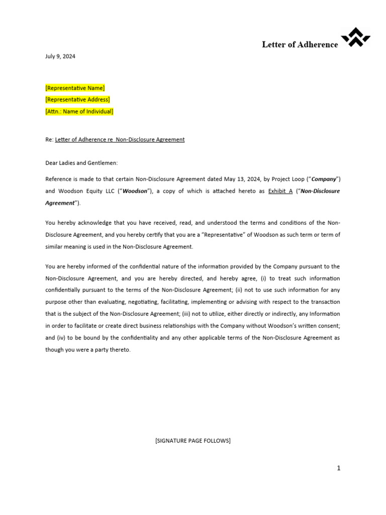 Woodson Letter of Adherence - Loop | PDF