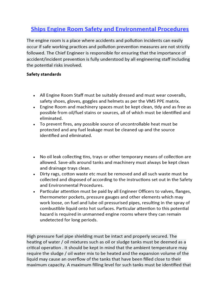 Ships Engine Room Safety and Environmental Procedures | PDF | Safety ...