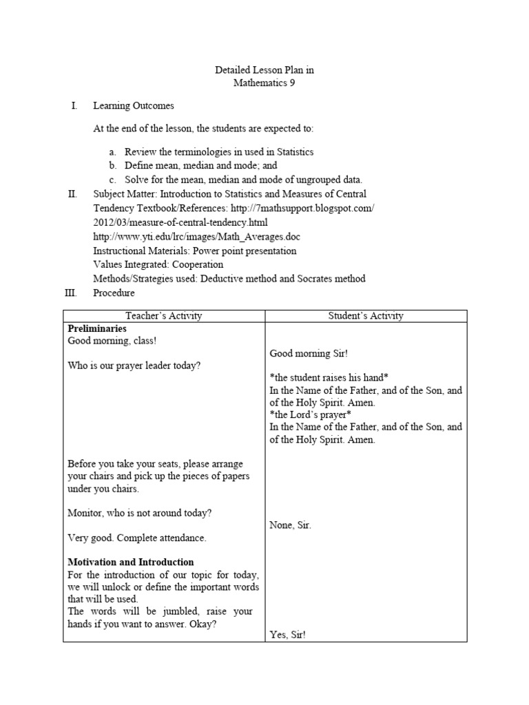 Lesson Plan: Statistics & Central Tendency | PDF | Mean | Level Of Measurement