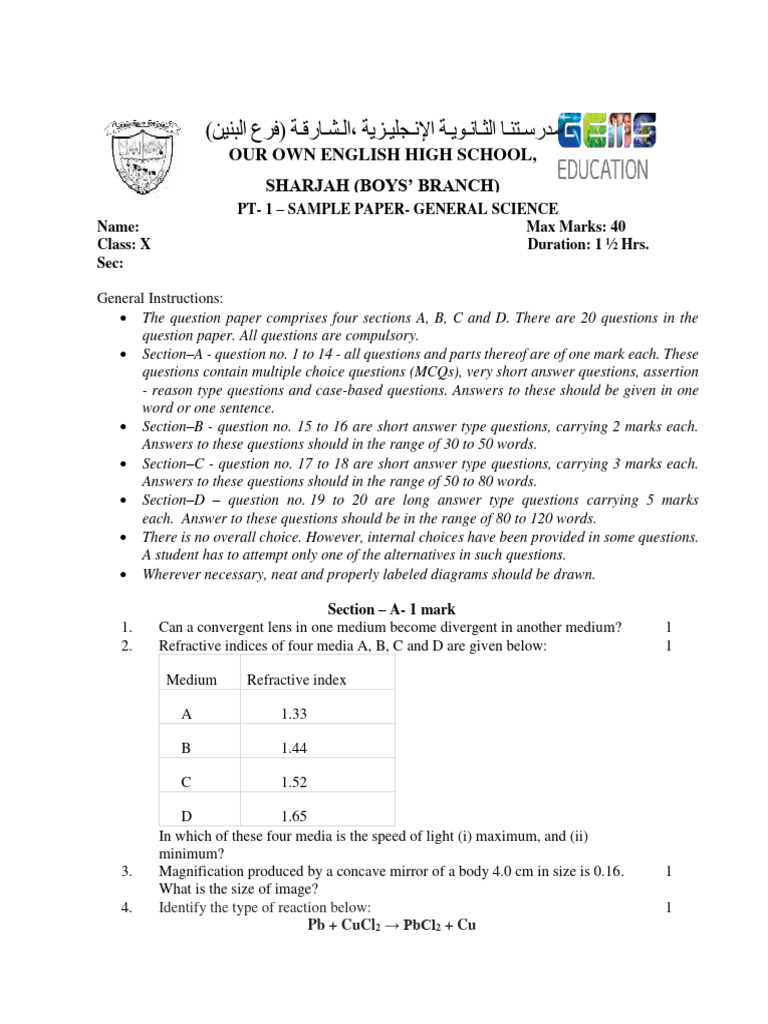General Science Sample Paper for Class X | PDF | Blood Vessel | Blood