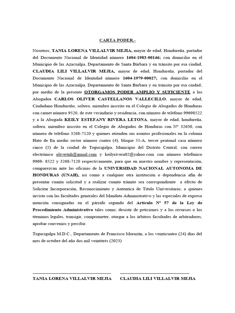 Carta Poder para Trámites Universitarios | PDF | Honduras | Documento ...